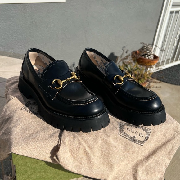 Gucci | Shoes | Chunky Black And Gold Gucci Loafers | Poshmark